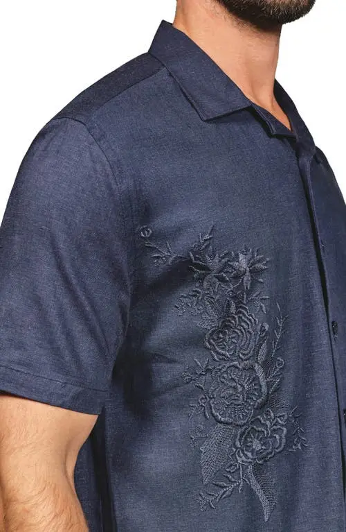 7 Diamonds Marco Floral Embroidered Camp Shirt - Blue