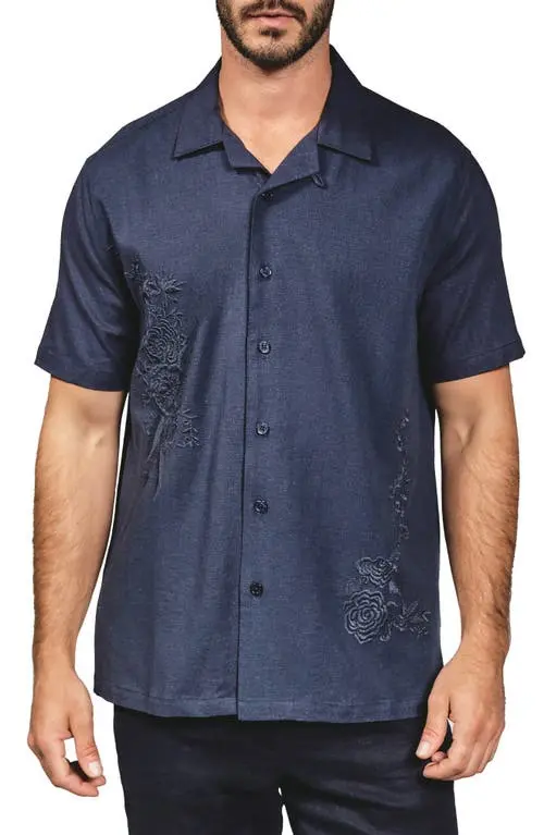 7 Diamonds Marco Floral Embroidered Camp Shirt - Blue
