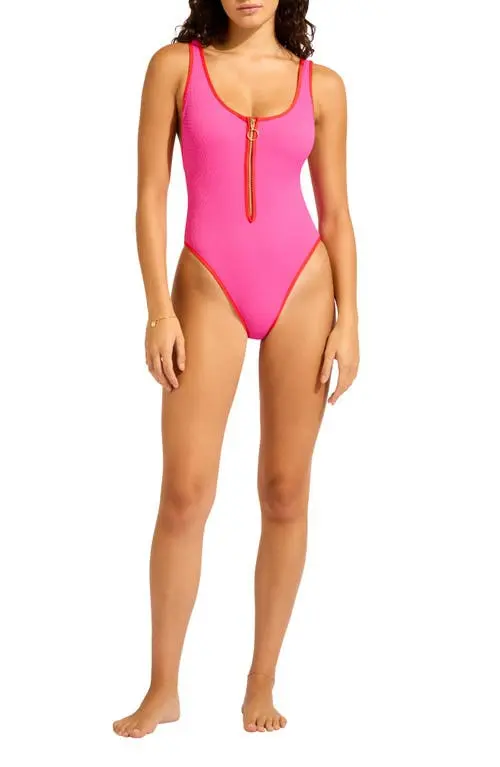 Seafolly Retro Contrast Trim One-piece Swimsuit - Hot Pink/flame