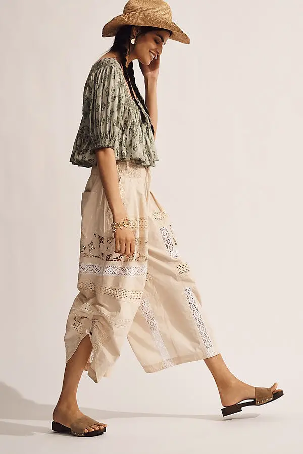Anthropologie Lace Ruched Crop Wide-leg Pants