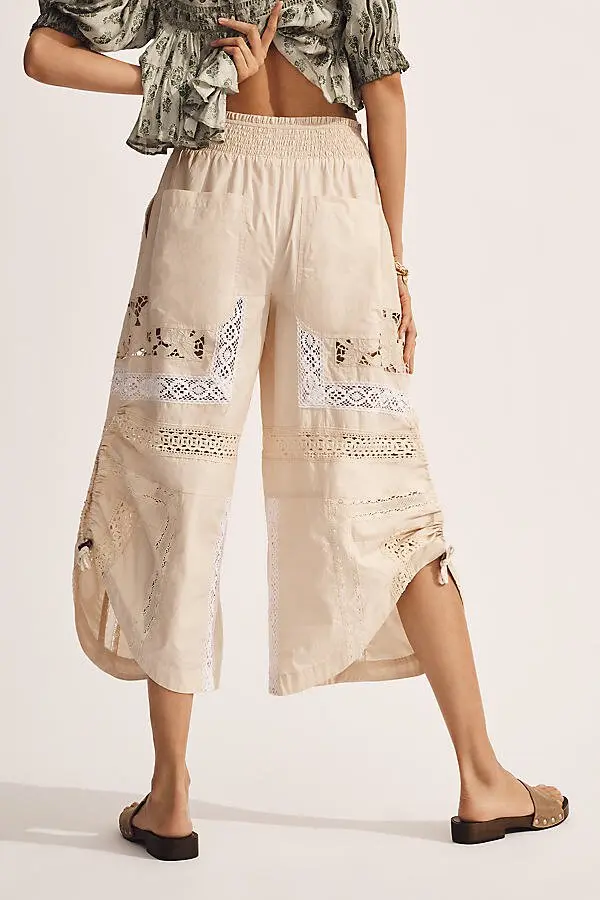 Anthropologie Lace Ruched Crop Wide-leg Pants