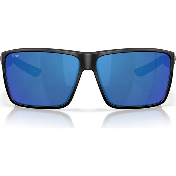 COSTA DEL MAR Rincon Ii 64mm Rectangular Sunglasses - Matte Black/ Blue Mirror 580p