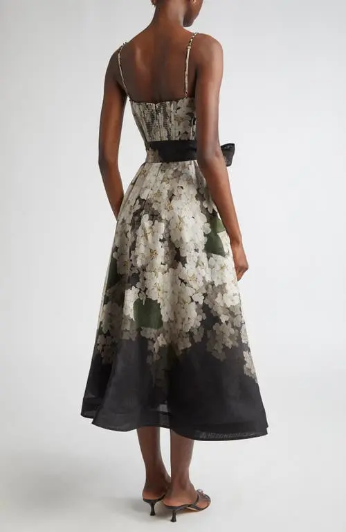 Zimmermann Balance Picnic Corset Linen & Silk Midi Dress In Black Hydrangea  - 30% Off | Editorialist
