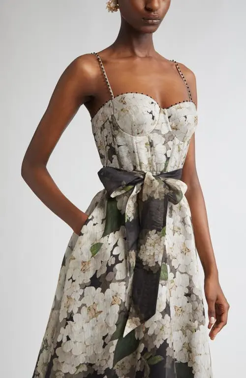 Zimmermann Balance Picnic Corset Linen & Silk Midi Dress In Black Hydrangea  - 30% Off | Editorialist