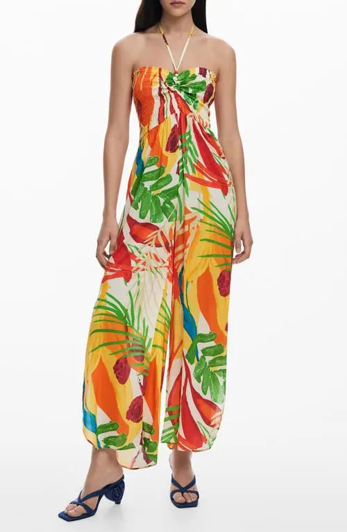 Desigual Tropical Print Halter Jumpsuit - Light Beige