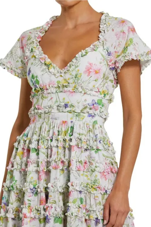 Mac Duggal Cap Sleeve Floral Cotton Dress