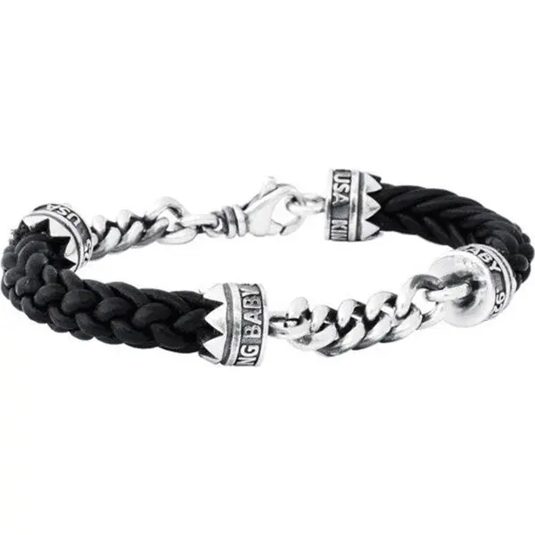 KING BABY STUDIO Double Chain And Leather Bracelet - Silver