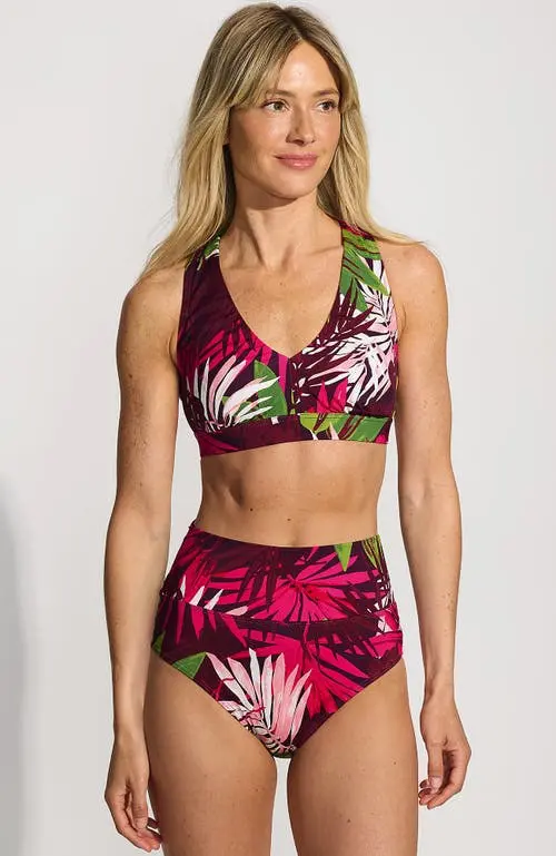 LANDS' END Chlorine Resistant V-neck Midkini Two-piece Swimsuit - Dark Wine Multi Tropical Palm