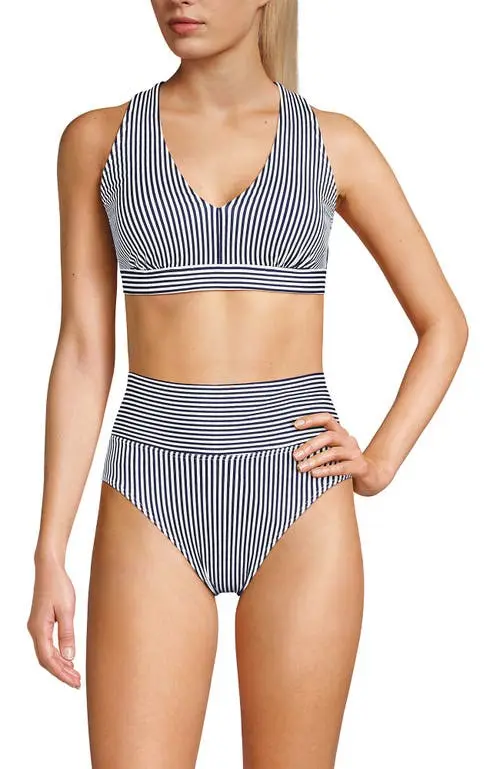 LANDS' END Chlorine Resistant V-neck Midkini Two-piece Swimsuit - Deep Sea Navy Mini Stripe