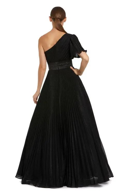 Mac Duggal Pleated Shimmering Georgette One Shoulder Gown