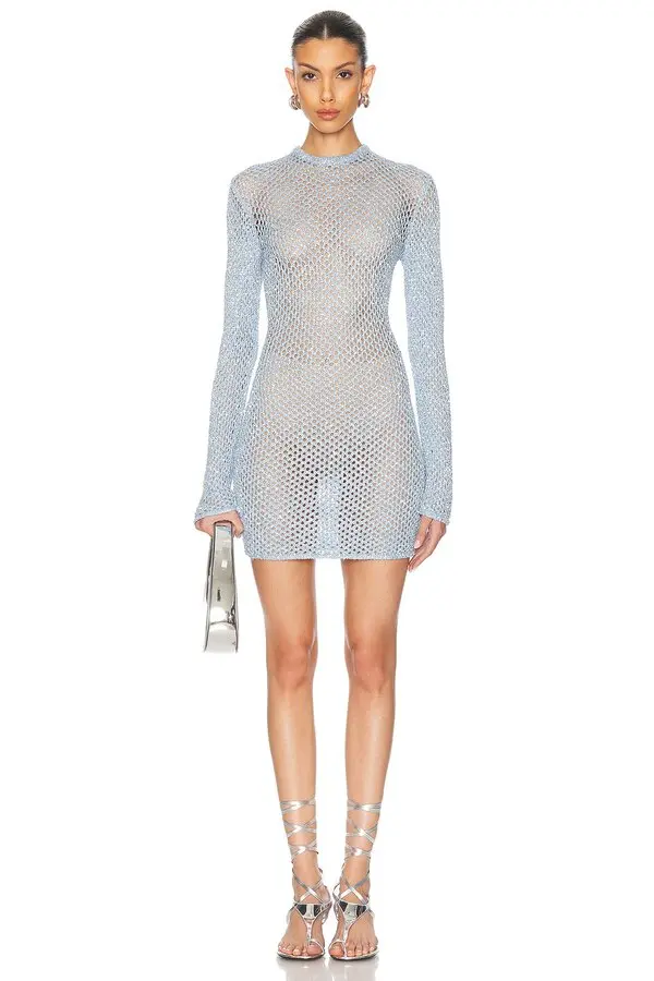 AREA Sequin Crochet Long Sleeve Mini Dress
