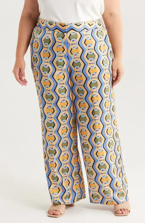 TAHARI ASL Geo Print Satin Wide Leg Pants - Blue Chains