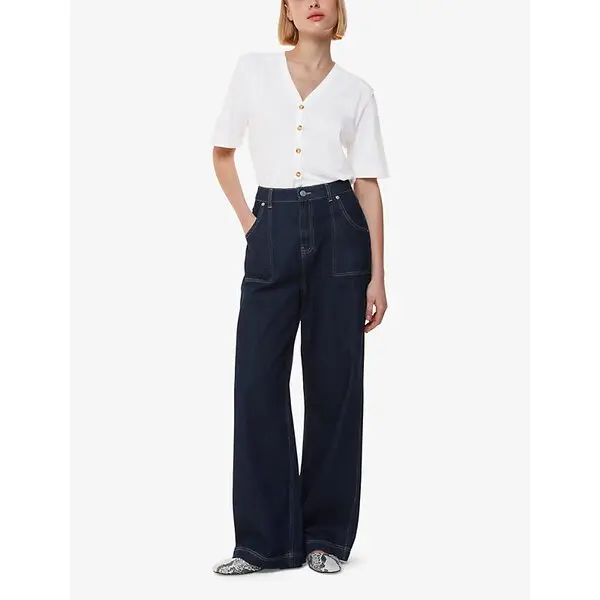 Whistles Ella V-neck Button-through T-shirt - White