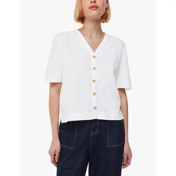 Whistles Ella V-neck Button-through T-shirt - White