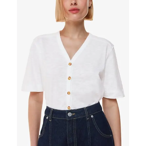 Whistles Ella V-neck Button-through T-shirt - White