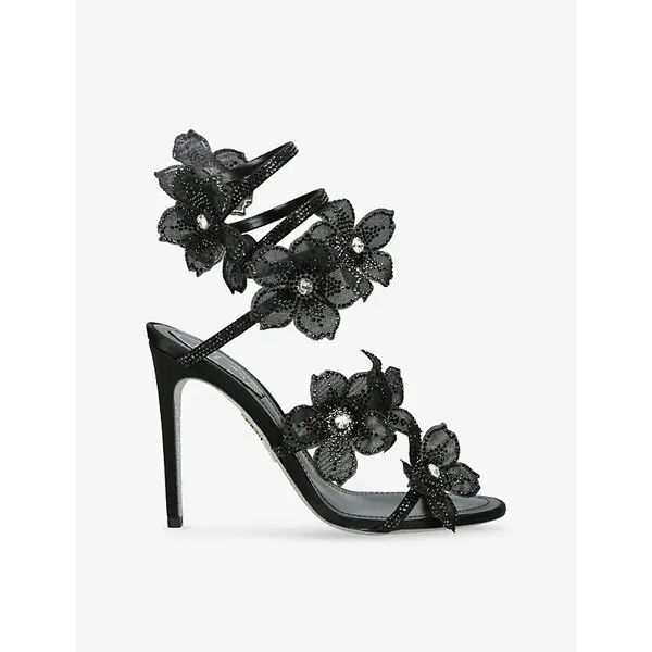 Rene Caovilla Floral Cleo 105 Satin Heeled Sandals - Black