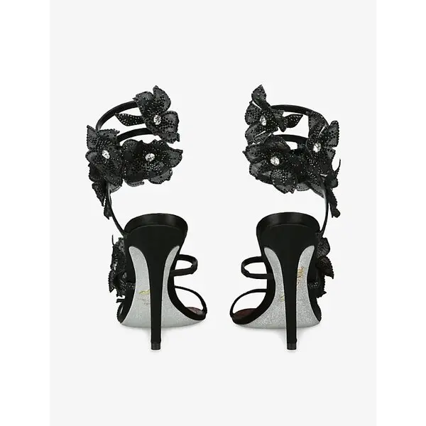 Rene Caovilla Floral Cleo 105 Satin Heeled Sandals - Black
