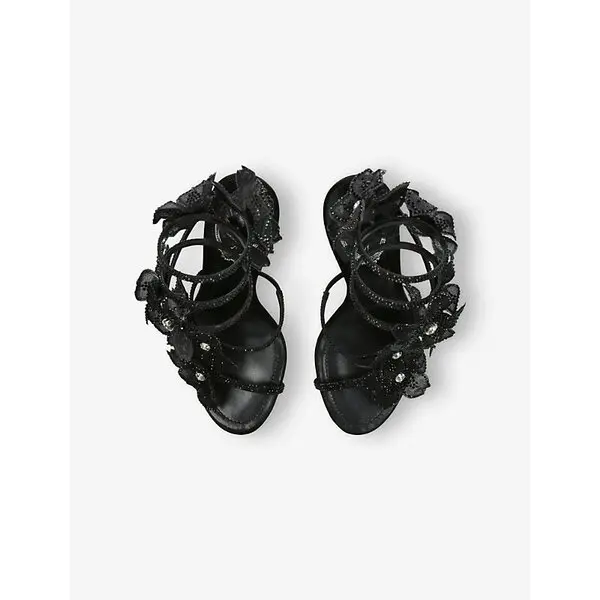 Rene Caovilla Floral Cleo 105 Satin Heeled Sandals - Black