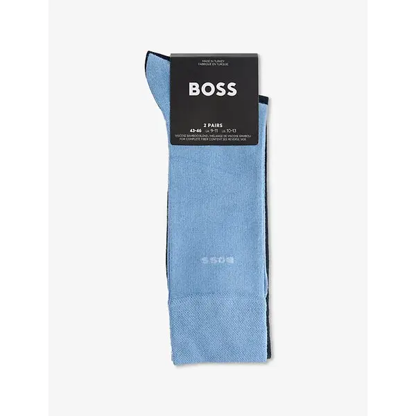 BOSS Intarsia-logo Stretch-knit Crew Socks - Light/pastel Blue
