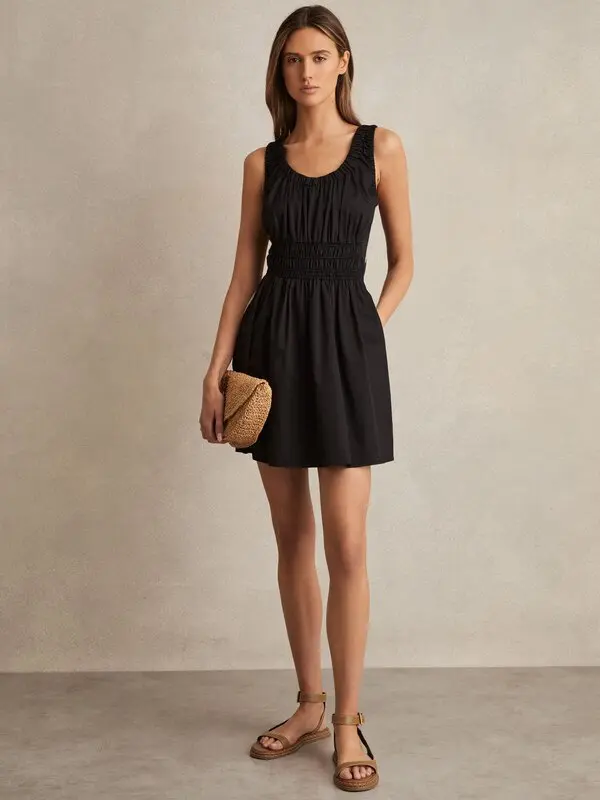 reiss abi ruched dress abi cotton craft-stitch shirred mini dress - black