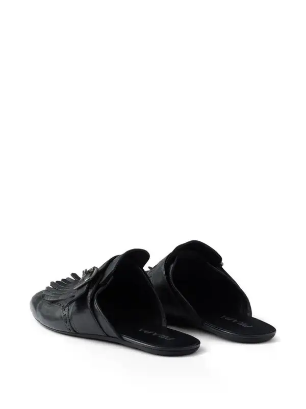 Prada Shuffle Fringed Leather Mules - Black
