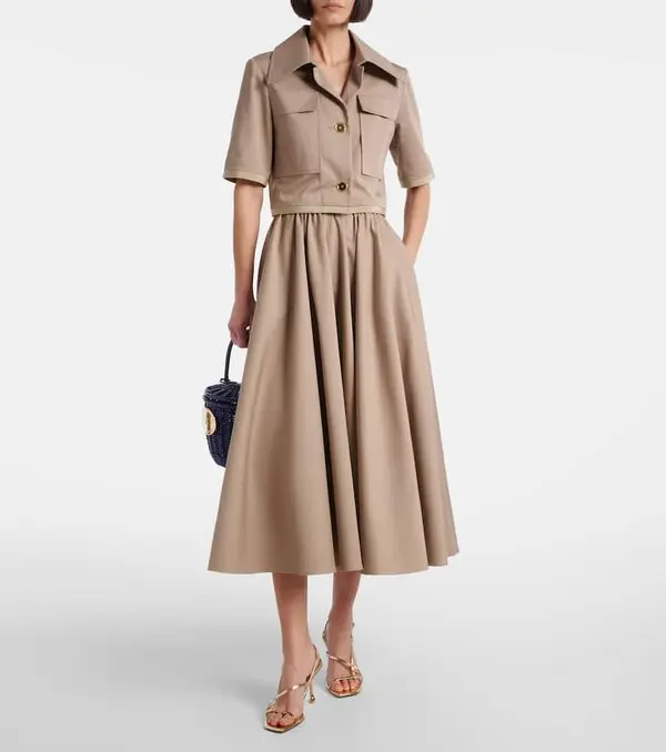 PATOU Gathered Cotton Gabardine Midi Skirt