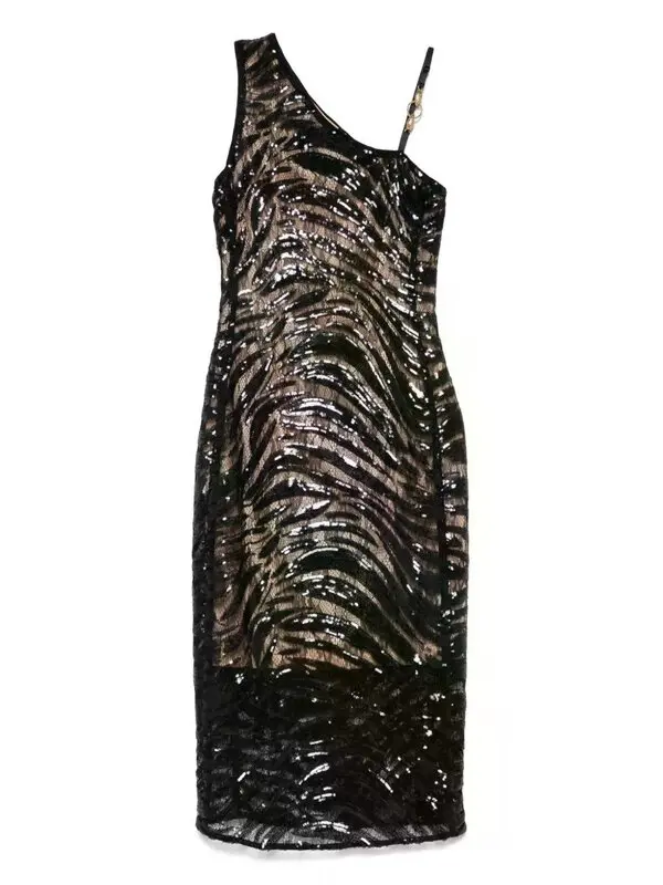 knee length dresses for ladies Just Cavalli 2004 Black Silk Ruffle Hem Dress with Rhinestone Buckle   Sourced by Scottie