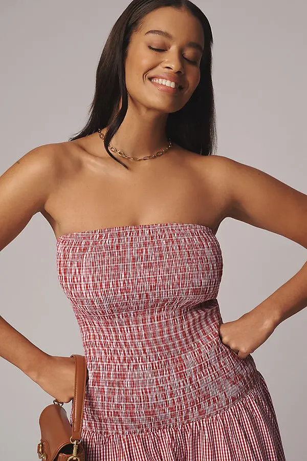 Anthropologie Strapless Gingham Drop-Waist Midi Dress In Red Gingham - 47%  Off | Editorialist