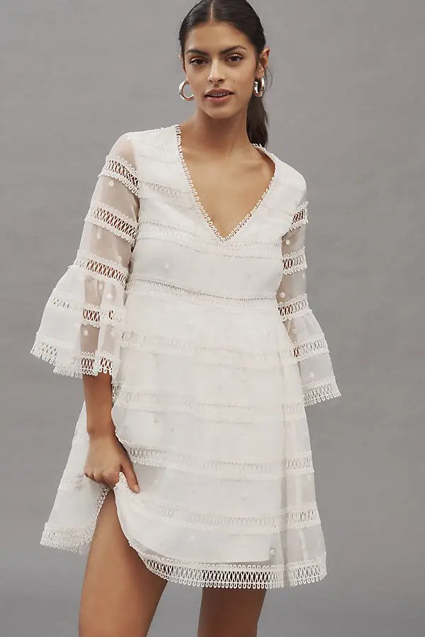Bhldn Flared-Sleeve V-Neck Lace Babydoll Mini Dress In White Dahlia - 72%  Off | Editorialist