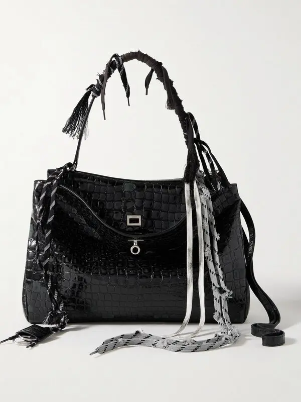 Balenciaga Rodeo Large Croc-effect Glossed-leather Tote Bag - Black