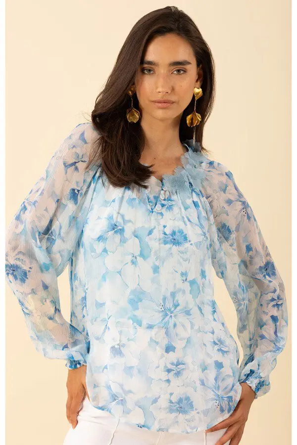 Hale Bob Jolie Floral Silk Top - Blue