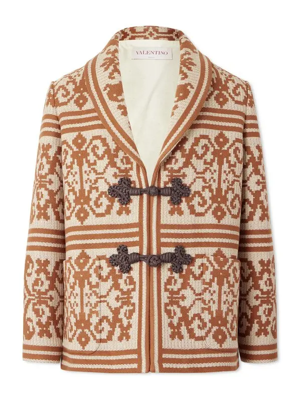 Valentino Garavani Shawl-collar Cotton And Linen-blend Jacquard Cardigan - Brown