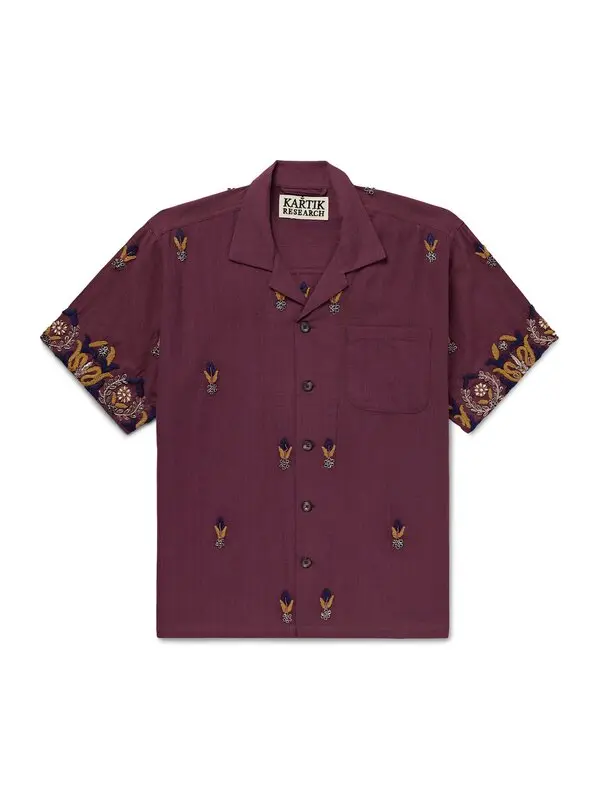 KARTIK RESEARCH Camp-collar Embellished Embroidered Cotton Shirt - Purple