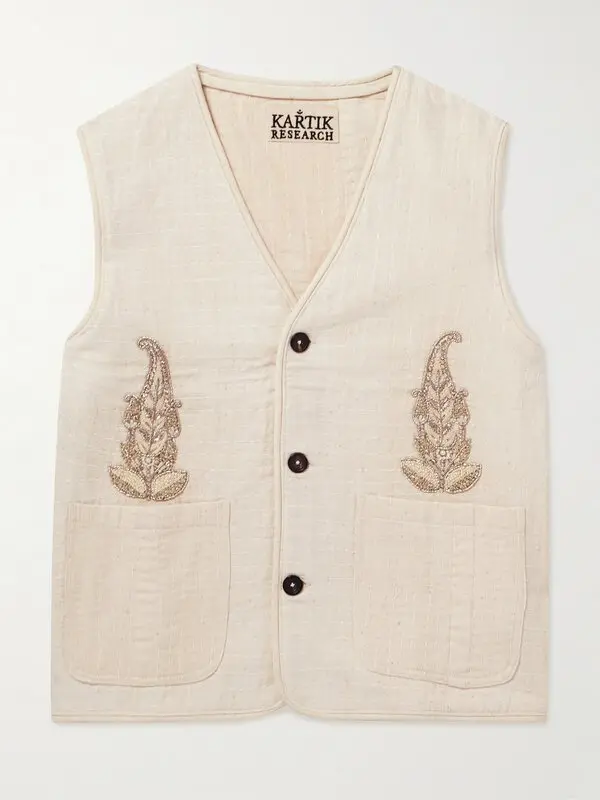 KARTIK RESEARCH Kantha Embellished Cotton Vest - Neutrals