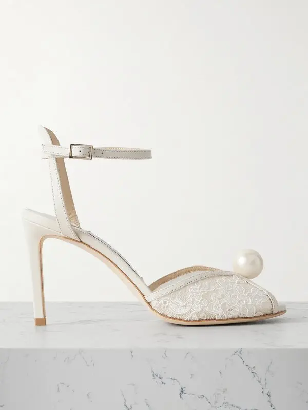 JIMMY CHOO Sacora 85 Embellished Leather-trimmed Lace Sandals - Neutrals