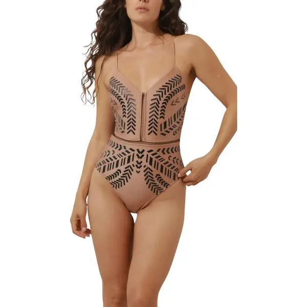 BILIBLOND Handmade Geometric Print One-piece Swimsuit - Nude