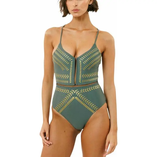 BILIBLOND Fitted One-piece Swimsuit With Gold Detail - Olive Gold