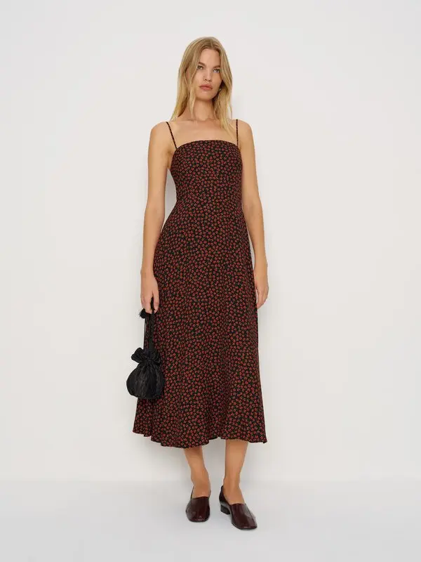 Monette Floral-print Linen Midi Dress - Black