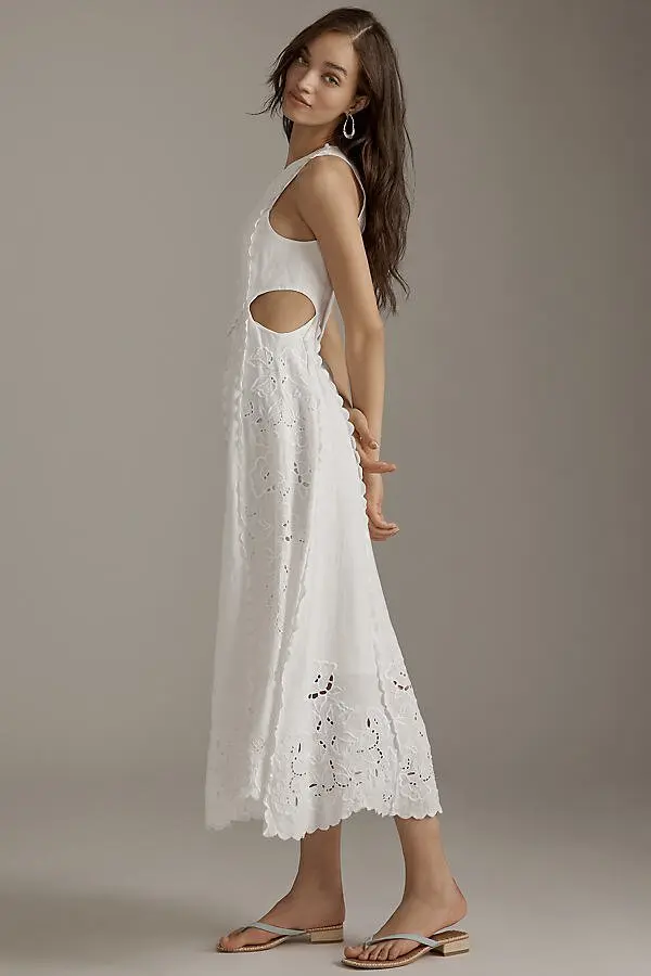 Lovaan Amelia Embroidered Linen Maxi Dress - White | Editorialist