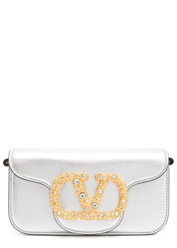 Valentino Garavani Locò Small Metallic Grained Leather Shoulder Bag - Silver