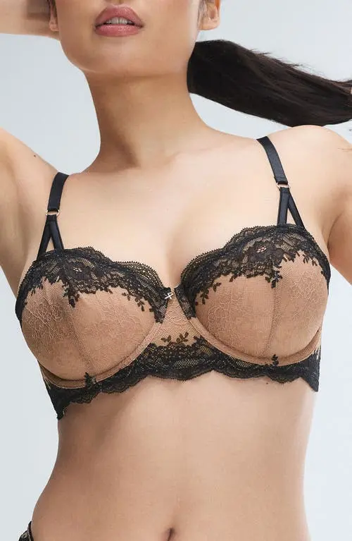 SAVAGE X FENTY Lacestruck Unlined Balconette Bra - Tiramisu Tan/ Black Caviar
