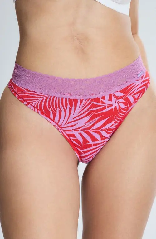 SAVAGE X FENTY Essentials Lace Trim Stretch Cotton Thong - Affection Red Keep Palm Print