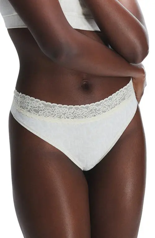 SAVAGE X FENTY Essentials Lace Trim Stretch Cotton Thong - Beige Please Signature Script
