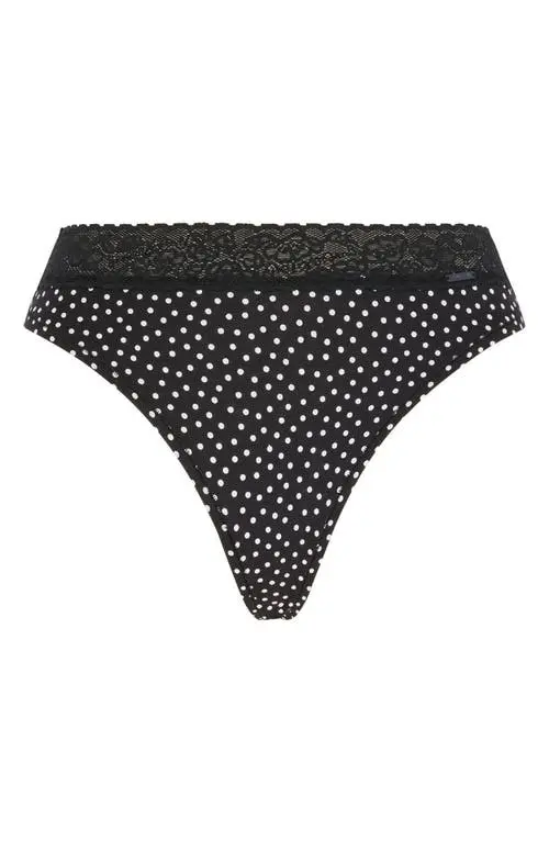 SAVAGE X FENTY Essentials Lace Trim Stretch Cotton Thong - Black Caviar Dotted Daze Print