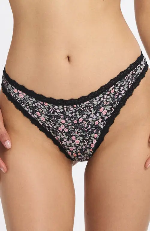 SAVAGE X FENTY Essentials Lace Trim Stretch Cotton Thong - Black Caviar Floral Pop Print