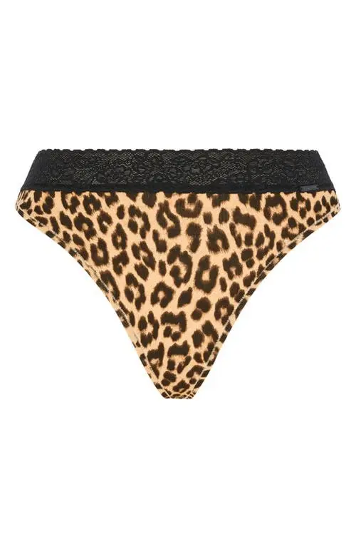 SAVAGE X FENTY Essentials Lace Trim Stretch Cotton Thong - Suga Beige On The Prowl Print