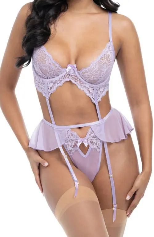 OH LA LA CHERI Milana Underwire Mesh & Lace Teddy & Garter Belt Set - Lavendula