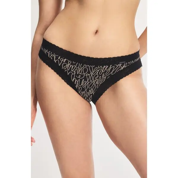 SAVAGE X FENTY Essentials Lace Trim Stretch Cotton Cheeky Briefs - Black Caviar Sign Off Print