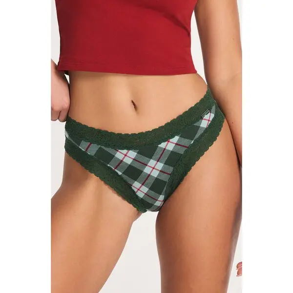 SAVAGE X FENTY Essentials Lace Trim Stretch Cotton Cheeky Briefs - Lakeside Green Plaid