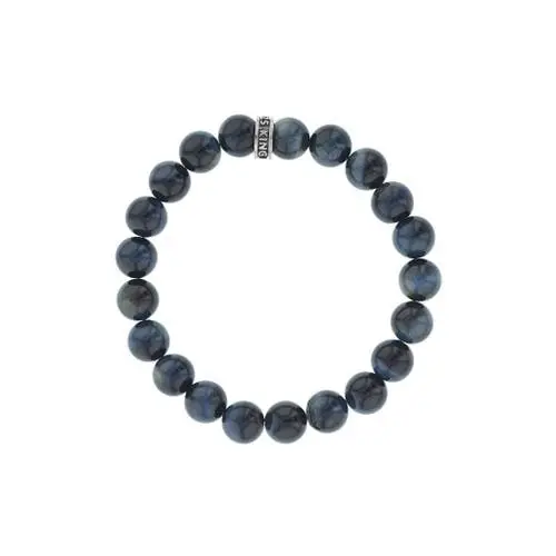 KING BABY STUDIO 10mm Blue Tiger Eye Beaded Bracelet With Sterling Logo Ring - Silver